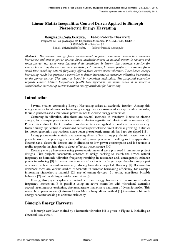 (PDF) Linear Matrix Inequalities Control Driven Applied to Bimorph Piezoelectric Energy Harvesting