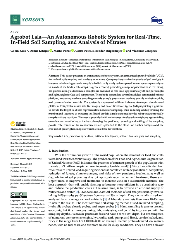 (PDF) Agrobot Lala—An Autonomous Robotic System for Real-Time, In-Field Soil Sampling, and ...