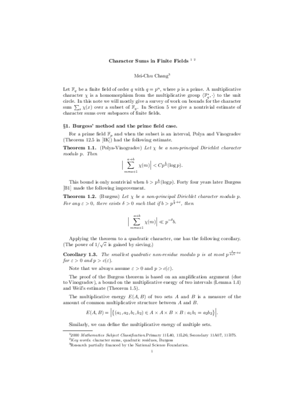 Pdf Character Sums In Finite Fields