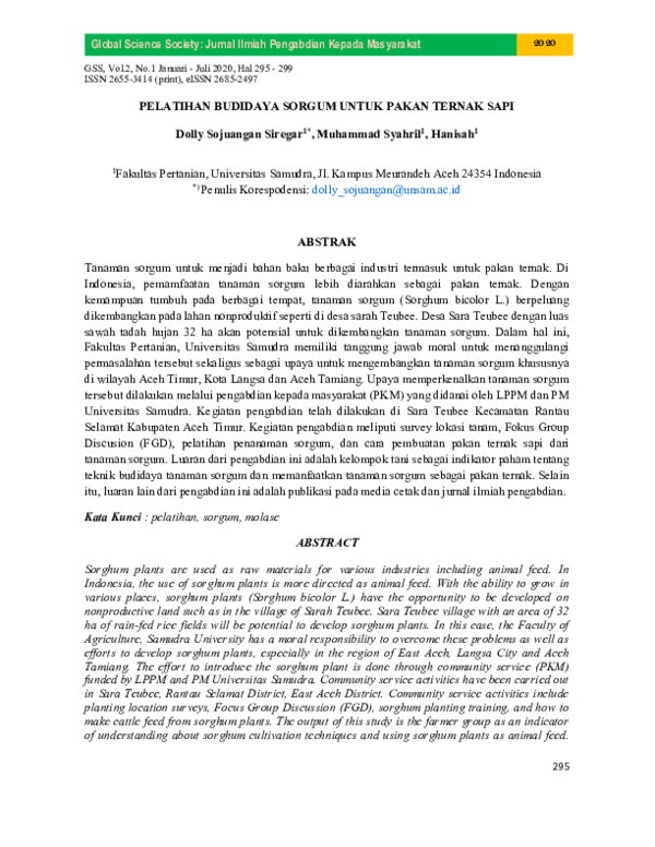 (PDF) Pelatihan Budidaya Sorgum Untuk Pakan Ternak Sapi