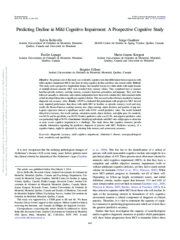 (PDF) Predicting decline in mild cognitive impairment: A prospective cognitive study