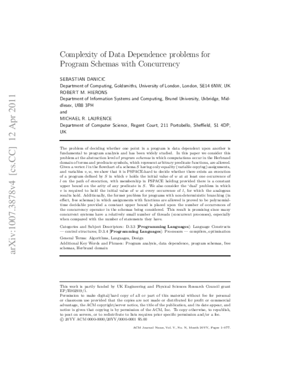 Pdf Complexity Of Data Dependence Problems For Program Schemas With Concurrency