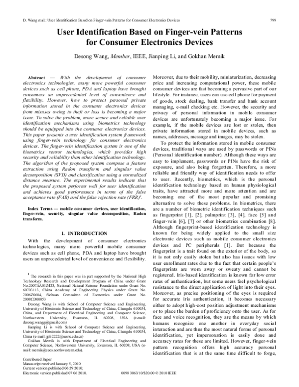 (PDF) User identification based on finger-vein patterns for consumer electronics devices