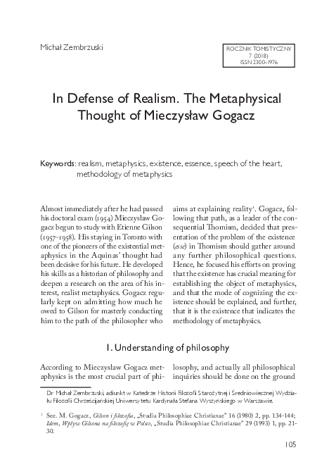 (PDF) Michał Zembrzuski In Defense of Realism . The Metaphysical ...
