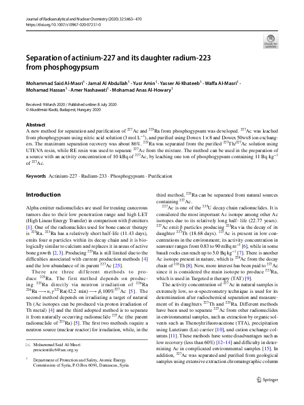 (PDF) Separation of actinium-227 and its daughter radium-223 from ...