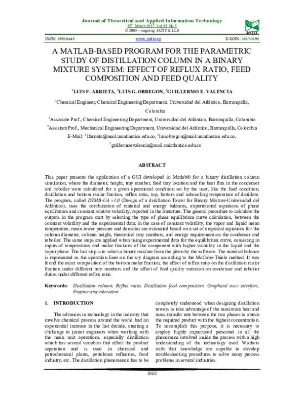 (PDF) A Matlab-Based Program for the Parametric Study of Distillation ...