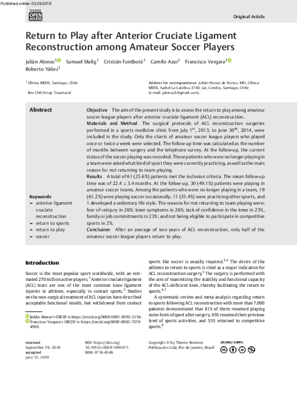 Pdf Return To Play After Anterior Cruciate Ligament Reconstruction In