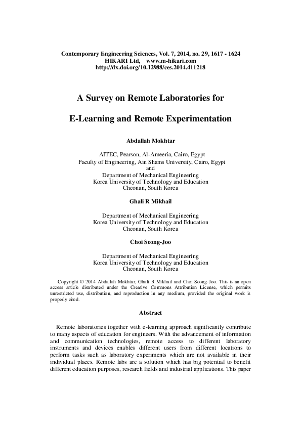 (PDF) A survey on remote laboratories for e-learning and remote ...