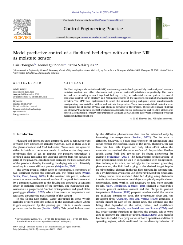 (PDF) Model predictive control of a fluidized bed dryer with an inline ...