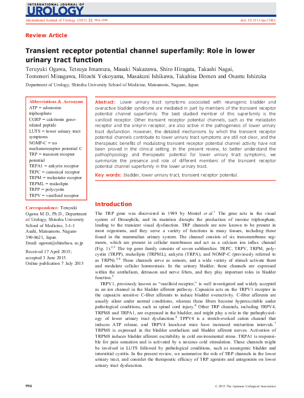 (PDF) Transient receptor potential channel superfamily: Role in lower urinary tract function