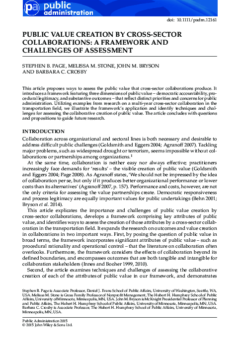 (PDF) Public Value Creation by Cross-Sector Collaborations: A Framework and Challenges of Assessment