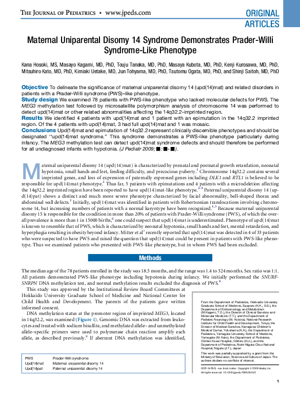 (PDF) Maternal Uniparental Disomy 14 Syndrome Demonstrates Prader-Willi ...