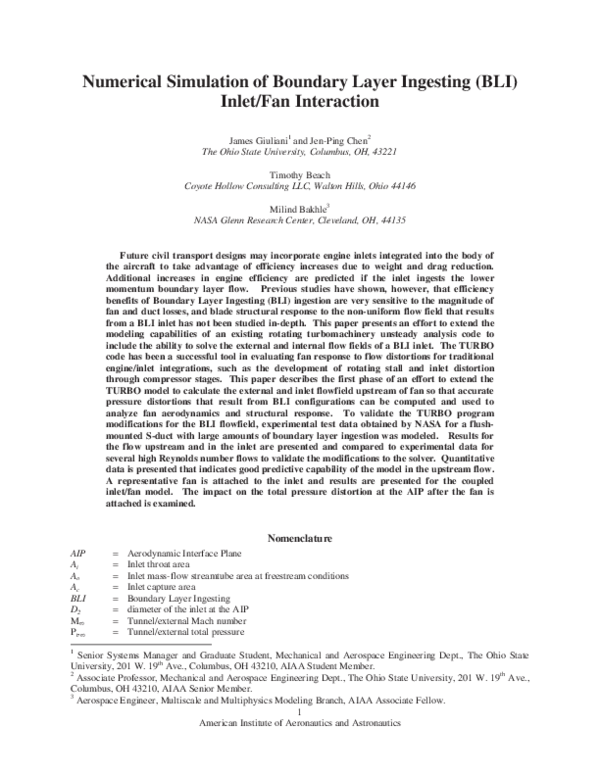 (PDF) Numerical Simulation of Boundary Layer Ingesting (BLI) Inlet/Fan Interaction