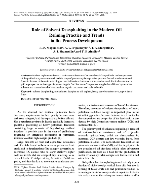 (PDF) Role of Solvent Deasphalting in the Modern Oil Refining Practice ...