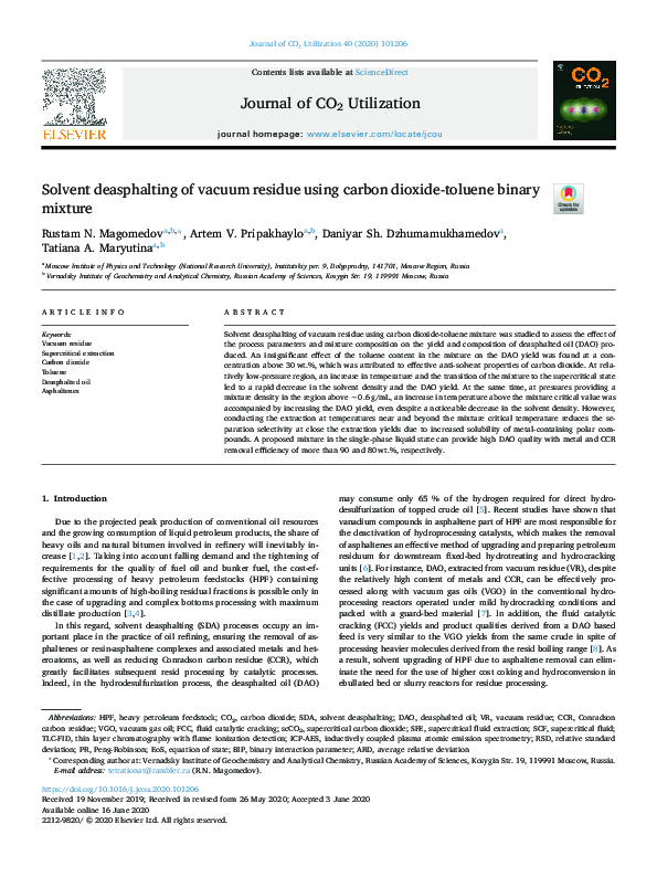 (PDF) Solvent deasphalting of vacuum residue using carbon dioxide ...