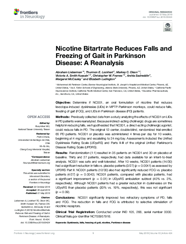 (PDF) Nicotine Bitartrate Reduces Falls and Freezing of Gait in ...