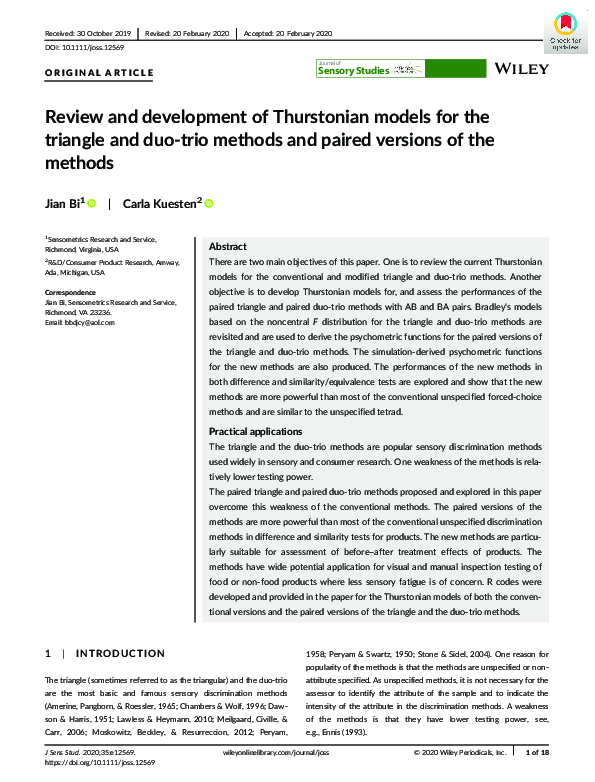 (PDF) Review and development of Thurstonian models for the triangle and duo‐trio methods and ...