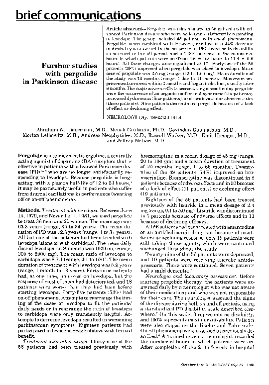 (PDF) Further studies with pergolide in Parkinson disease