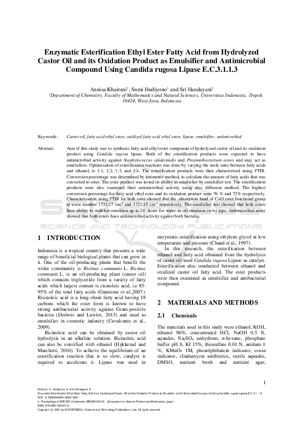 (PDF) Enzymatic Esterification Ethyl Ester Fatty Acid from Hydrolyzed ...