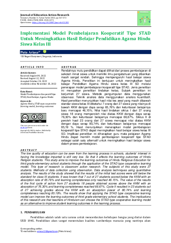 (PDF) Implementasi Model Pembelajaran Kooperatif Tipe STAD Untuk Meningkatkan Hasil Belajar ...