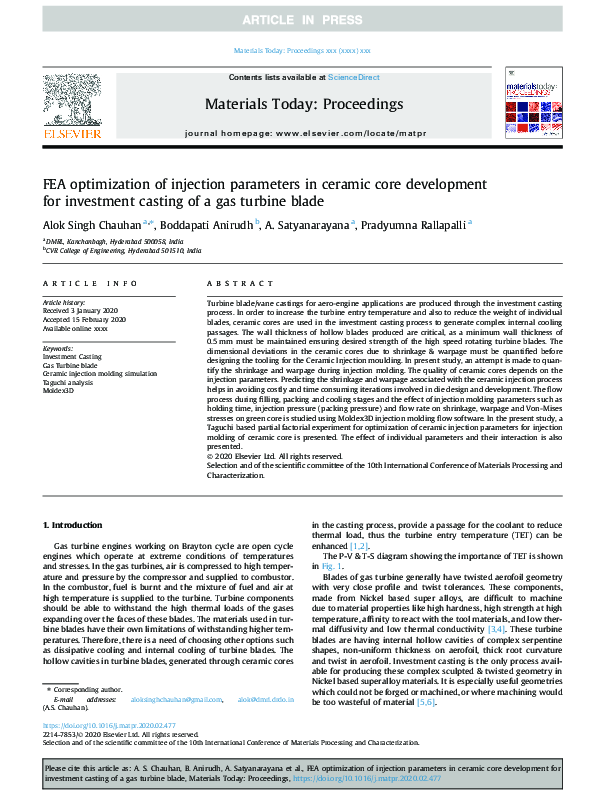Pdf Fea Optimization Of Injection Parameters In Ceramic Core