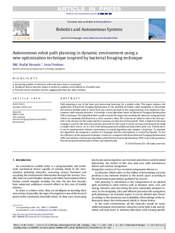 (PDF) Autonomous robot path planning in dynamic environment using a new optimization technique ...