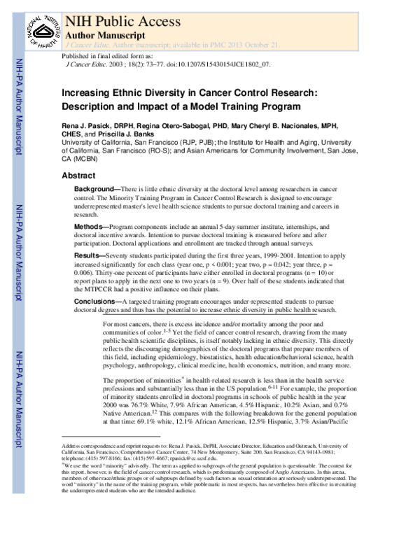 (PDF) Increasing Ethnic Diversity in Cancer Control Research ...