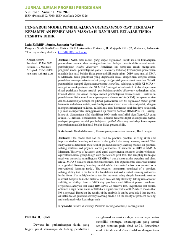 (PDF) Pengaruh Model Pembelajaran Guided Discovery Terhadap Kemampuan Pemecahan Masalah Dan ...