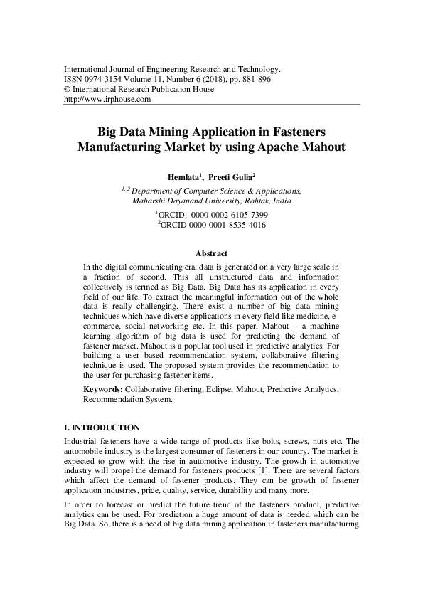 (PDF) Big Data Mining Application in Fasteners Manufacturing Market by using Apache Mahout