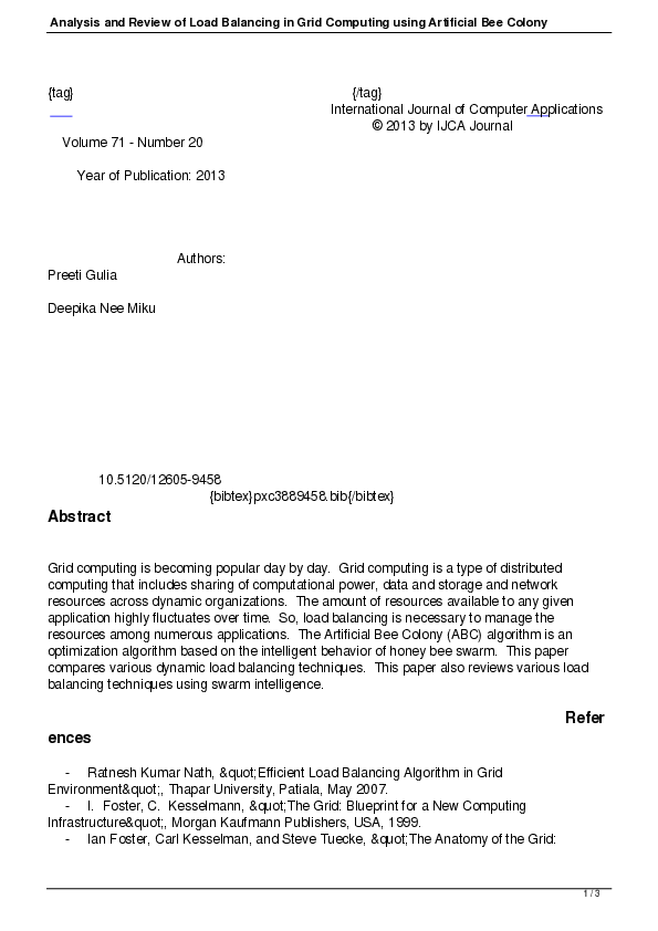 (PDF) Analysis and Review of Load Balancing in Grid Computing using Artificial Bee Colony