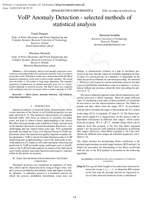 (PDF) VoIP Anomaly Detection - selected methods of statistical analysis (PDF) VoIP Anomaly Detection - selected methods of statistical analysis