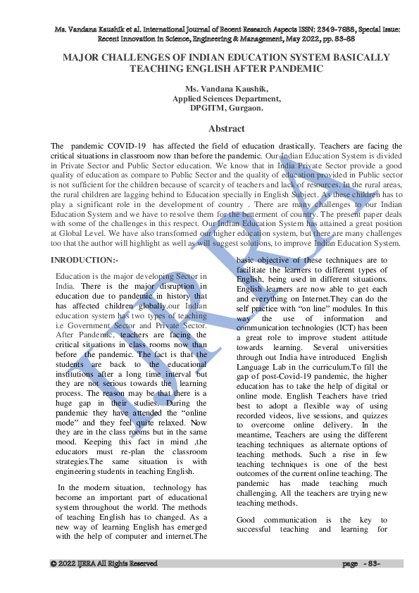 (PDF) MAJOR CHALLENGES OF INDIAN EDUCATION SYSTEM BASICALLY TEACHING ...