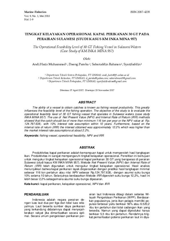 (PDF) TINGKAT KELAYAKAN OPERASIONAL KAPAL PERIKANAN 30 GT PADA PERAIRAN ...