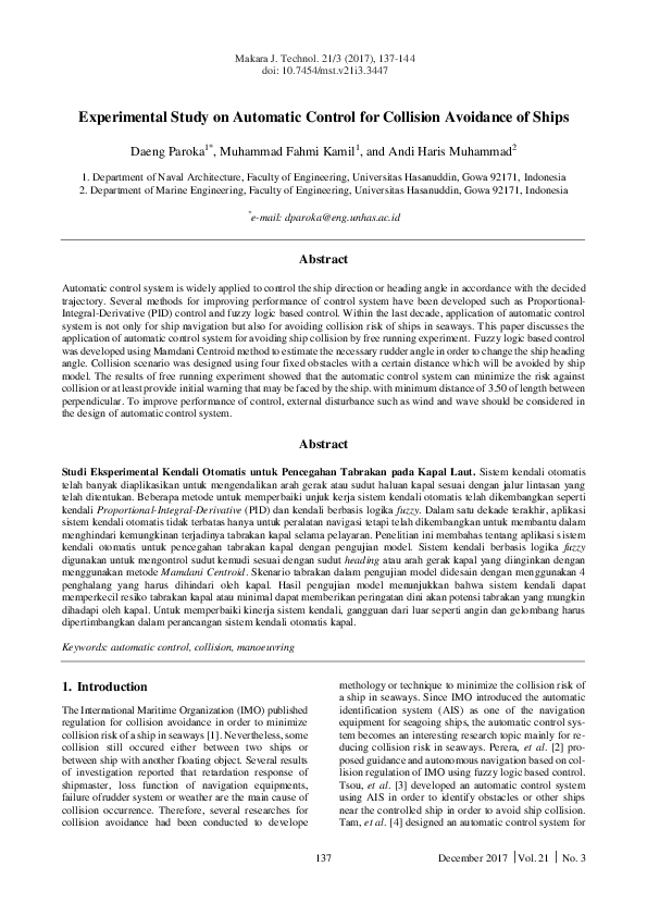 (PDF) Experimental Study on Automatic Control for Collision Avoidance ...