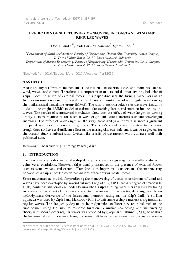 (PDF) Prediction of Ship Turning Maneuvers in Constant Wind and Regular ...