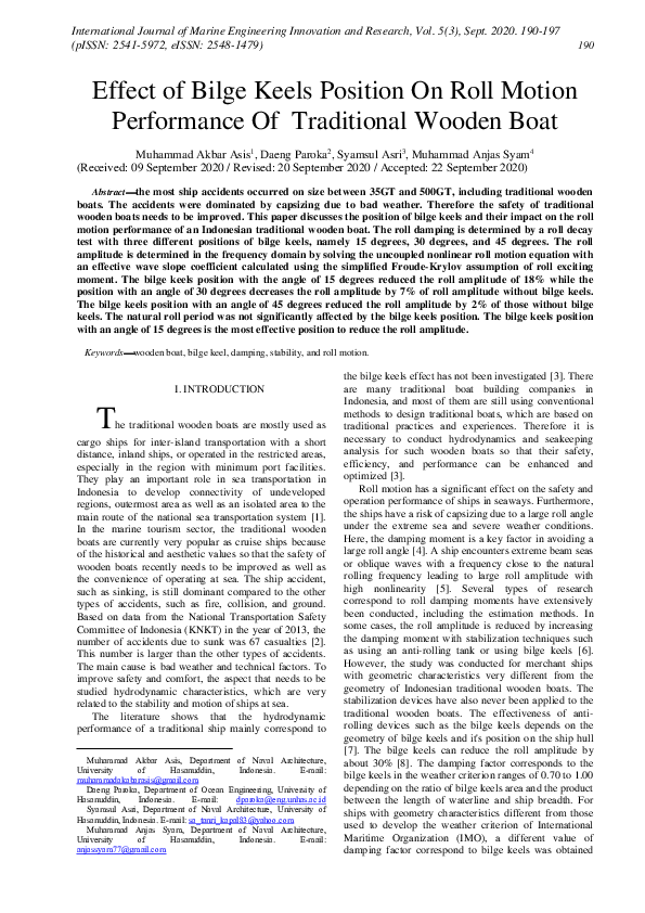 (PDF) Effect of Bilge Keels Position On Roll Motion Performance Of ...