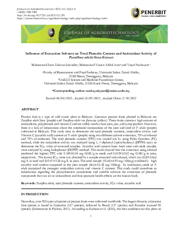 (PDF) Influence of Extraction Solvents on Total Phenolic Content and Antioxidant Activity of ...