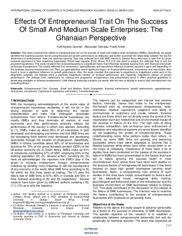 (PDF) Effects Of Entrepreneurial Trait On The Success Of Small And Medium Scale Enterprises: The ...