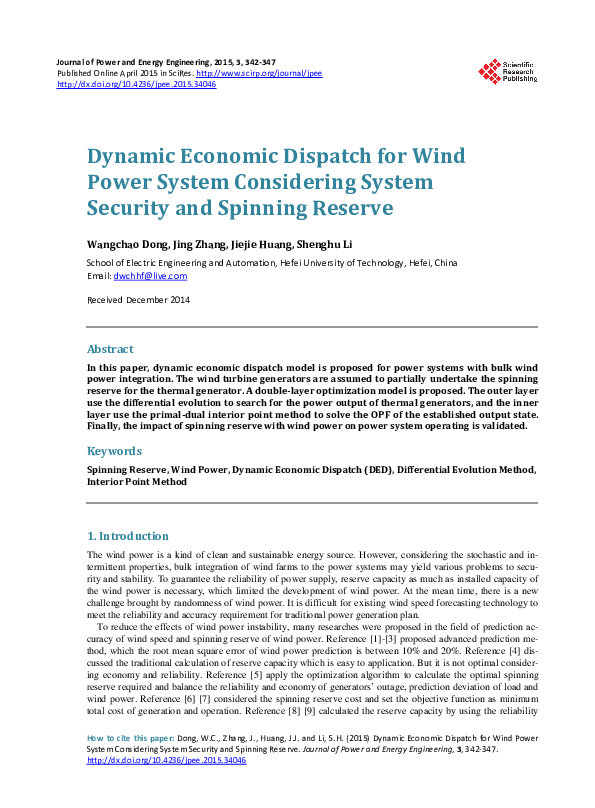 (PDF) Dynamic Economic Dispatch for Wind Power System Considering ...