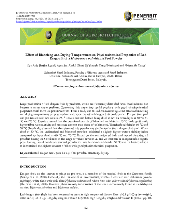 (PDF) Effect of Blanching and Drying Temperatures on Physicochemical Properties of Red Dragon ...