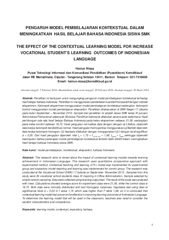 (PDF) Pengaruh Model Pembelajaran Kontekstual Dalam Meningkatkan Hasil Belajar Bahasa Indonesia ...