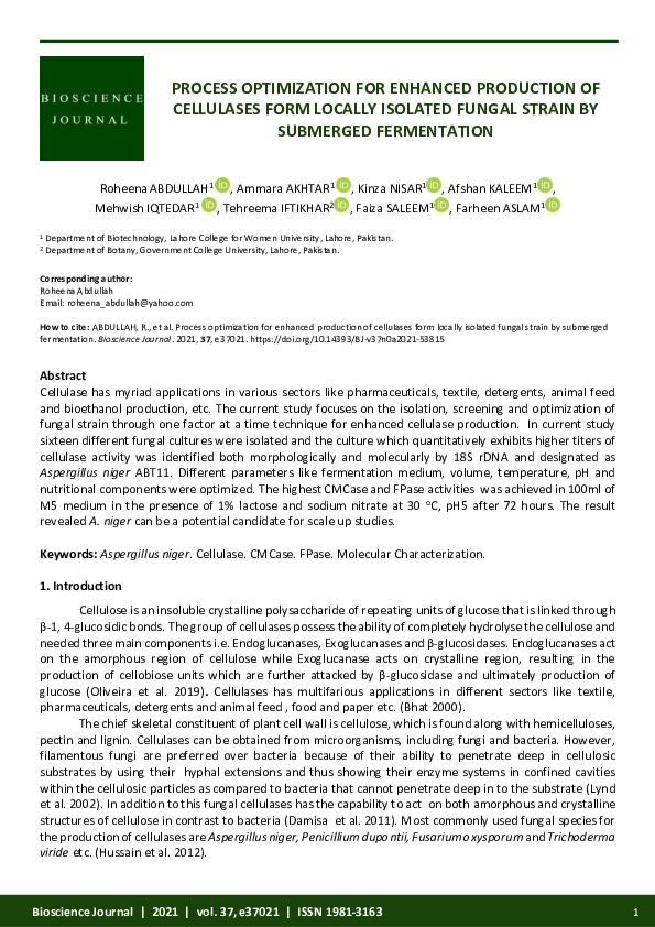(PDF) Process optimization for enhanced production of cellulases form locally isolated fungal ...