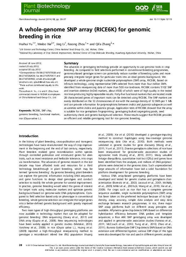 (PDF) A whole‐genome SNP array ( RICE 6 K ) for genomic breeding in rice