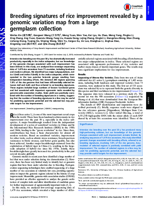 (PDF) Breeding signatures of rice improvement revealed by a genomic ...