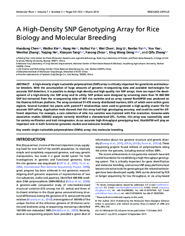 (PDF) A High-Density SNP Genotyping Array for Rice Biology and Molecular Breeding