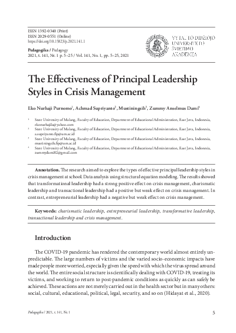 (PDF) The Effectiveness of Principal Leadership Styles in Crisis Management