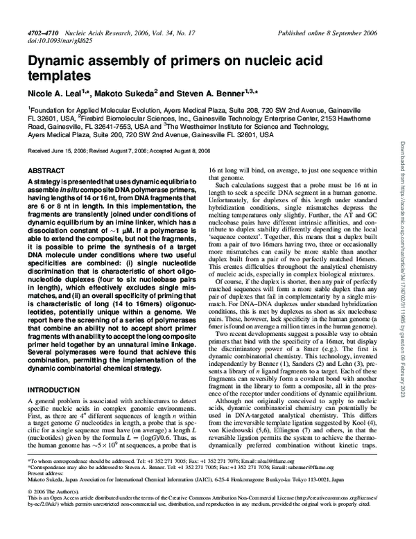 (PDF) Dynamic assembly of primers on nucleic acid templates