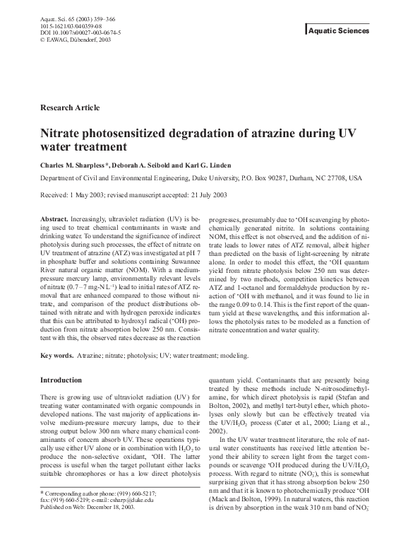 (PDF) Nitrate photosensitized degradation of atrazine during UV water treatment | Karl Linden ...