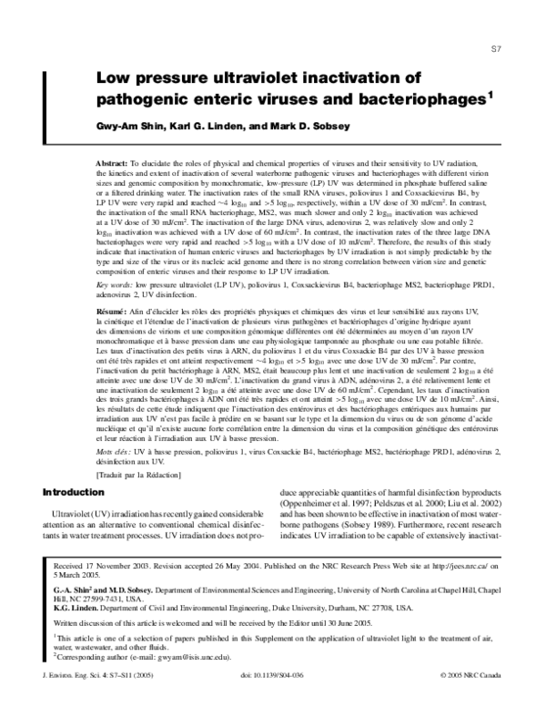 (PDF) Low pressure ultraviolet inactivation of pathogenic enteric ...