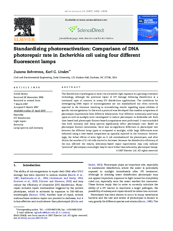 Standardizing photoreactivation: Comparison of DNA photorepair rate in Escherichia coli using ...